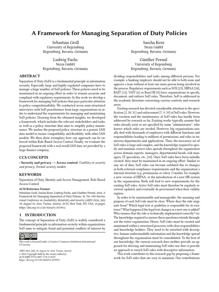 A Framework For Managing Separation of Duty Policies | PDF | Business