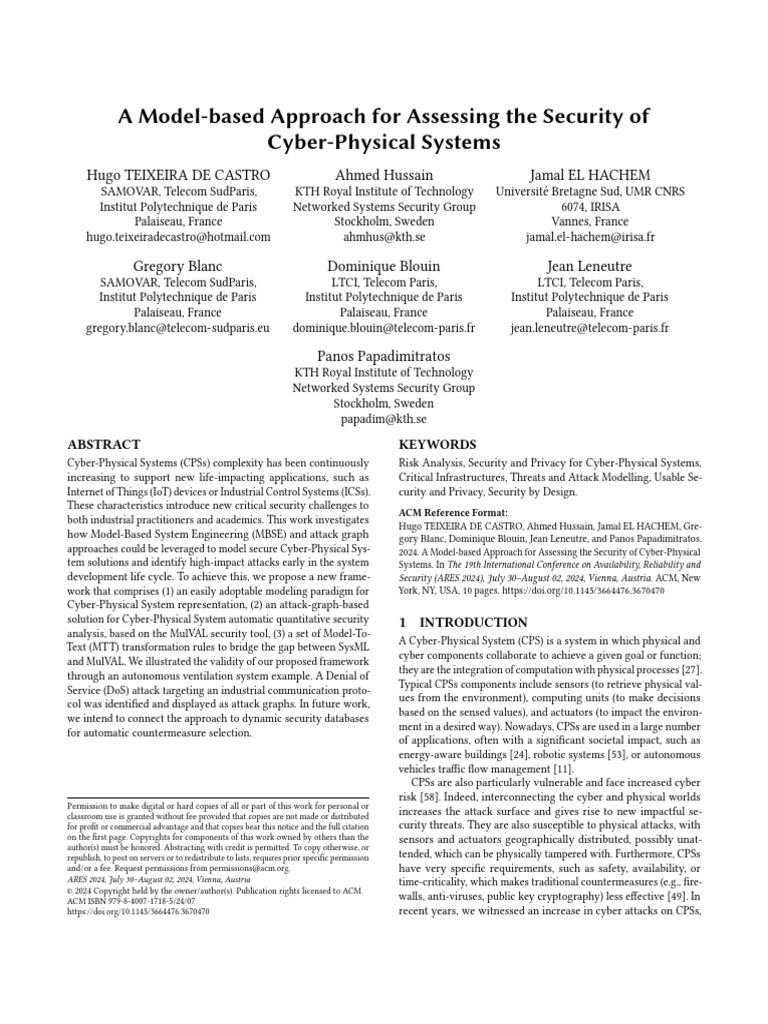 A Model-Based Approach For Assessing The Security of Cyber-Physical Systems | PDF | Scada | System