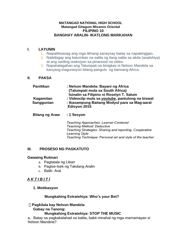 Filipino 10-3rd Q talumpati ni Nelson Mandela Lesson plan | PDF