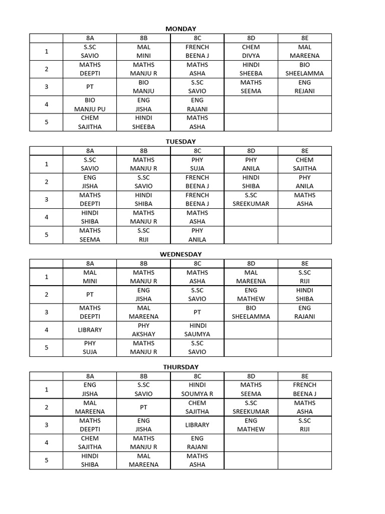 Class Time Table - 5 - 8 - Updated | PDF