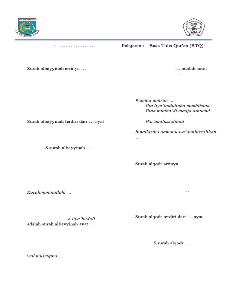 Soal PAS BTQ Kelas IV 2024/2025 | PDF