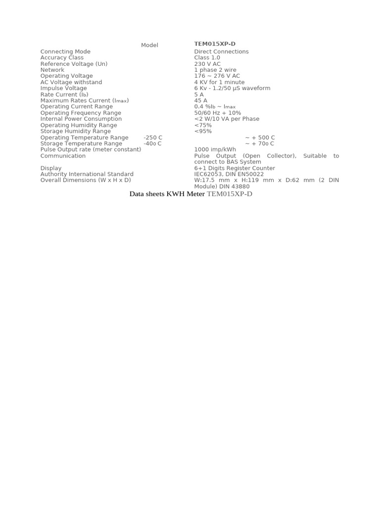 TEM015XP-D KWH Meter Specifications | PDF