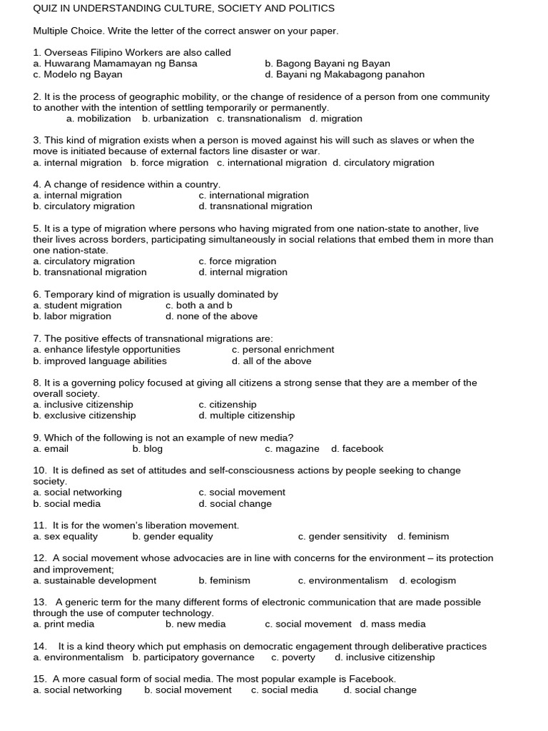 QUIZ IN UNDERSTANDING CULTURE-mod10 | PDF | Human Migration | Social ...