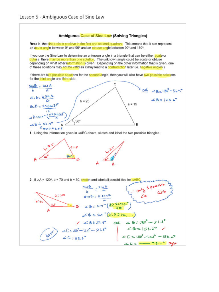 G11E - Unit 6 - Lesson 5 - Ambiguous Case of Sine Law | PDF