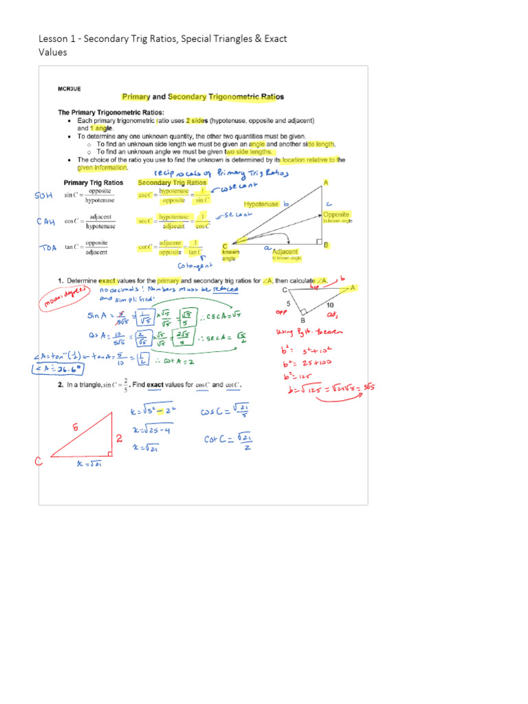 G11E - Unit 6 - Lesson 1 - Secondary Trig Ratios, Special Triangles ...