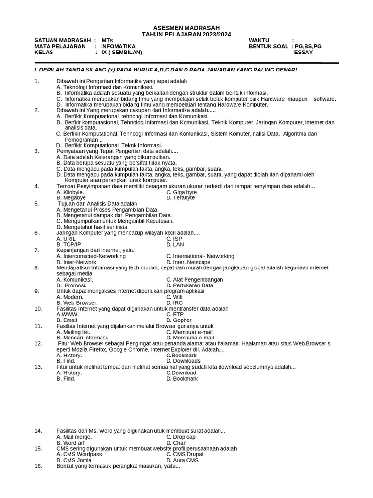 SOAL AM INFORMATIKA KELAS 9 2023-2024 | PDF