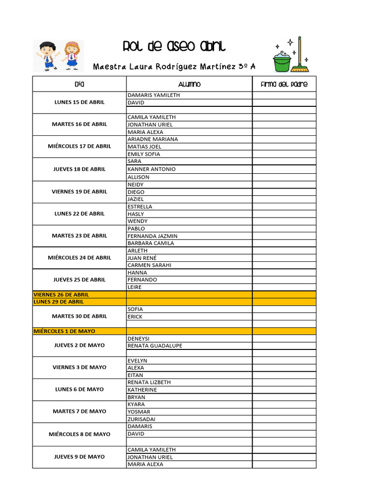 Rol de Aseo Tercero A | PDF