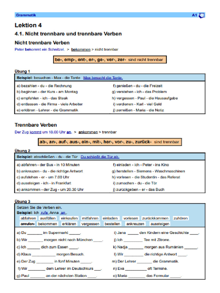 Grammatik Trennbare Verben A1 | PDF