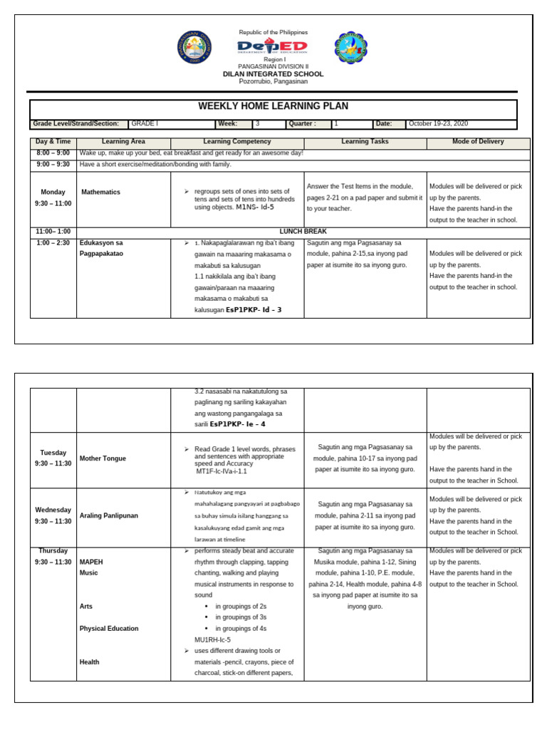 Weekly-Learning-Plan - Week 3-Grade 1 | PDF
