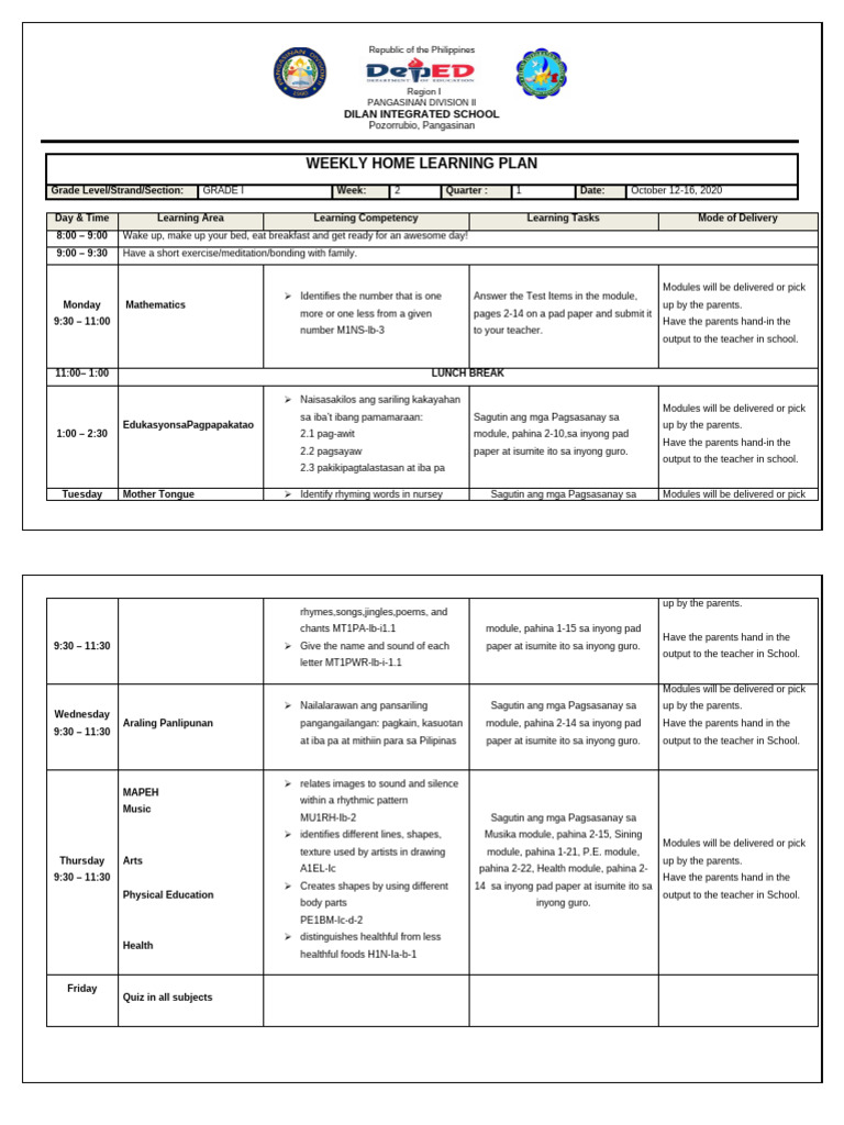 Grade 1 Weekly Learning Plan: Week 2 | PDF