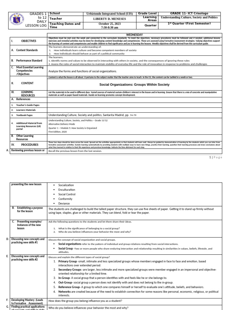 Ucsp - DLL - Oct.23 - COT - 1st Quarter | PDF | Learning | Attitude (Psychology)