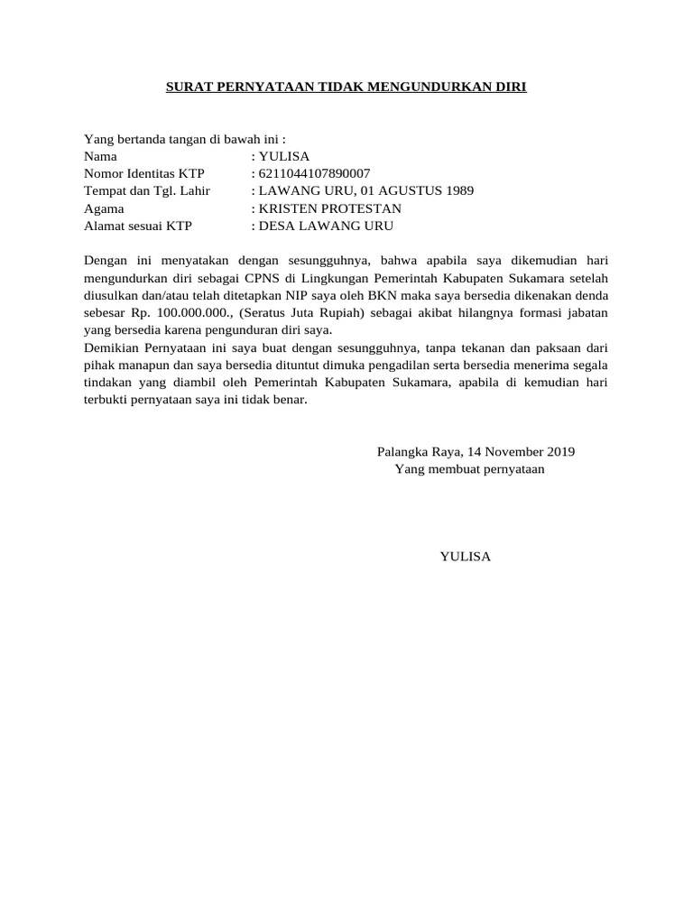 SURAT PERNYATAAN TIDAK MENGUNDURKAN DIRI | PDF