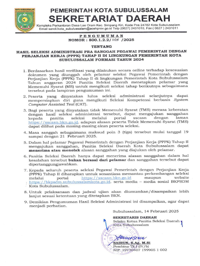 HASIL SELEKSI ADMINISTRASI PRA SANGGAH PEGAWAI PEMERINTAH DENGAN PERJANJIAN KERJA (PPPK ...