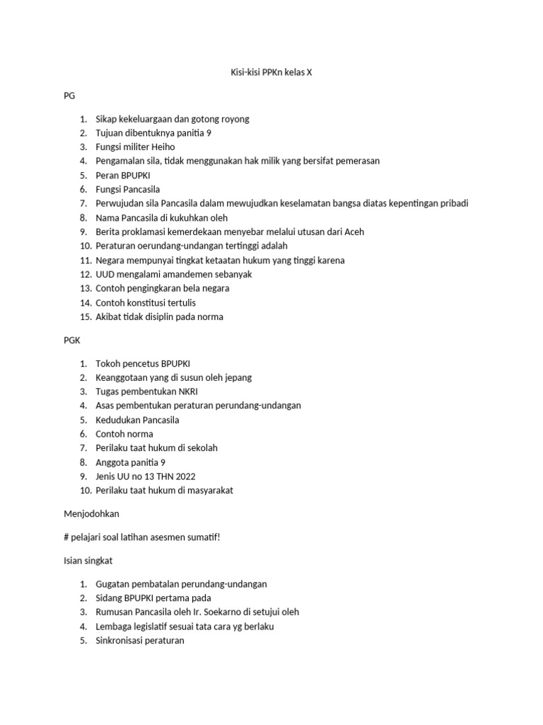 Kisi-Kisi PPKN-X | PDF