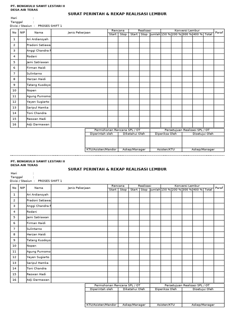 Rekap Lembur PT. Bengkulu Sawit | PDF