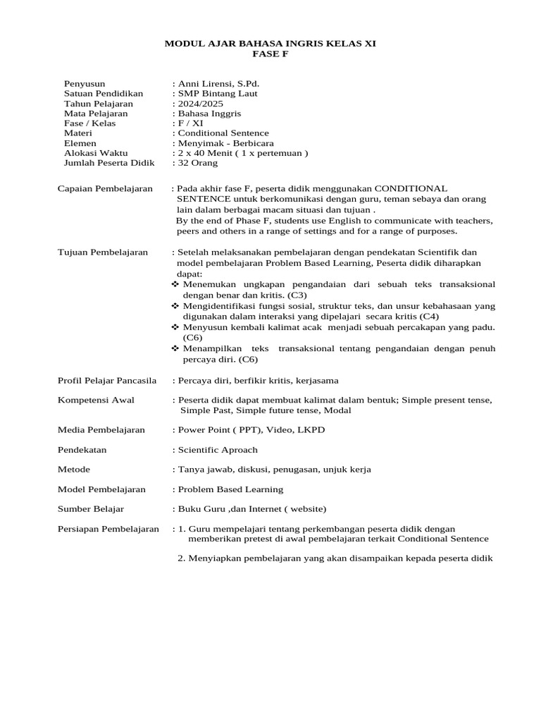 Modul Ajar Bahasa Ingris Kelas Xi Conditional Sentence | PDF