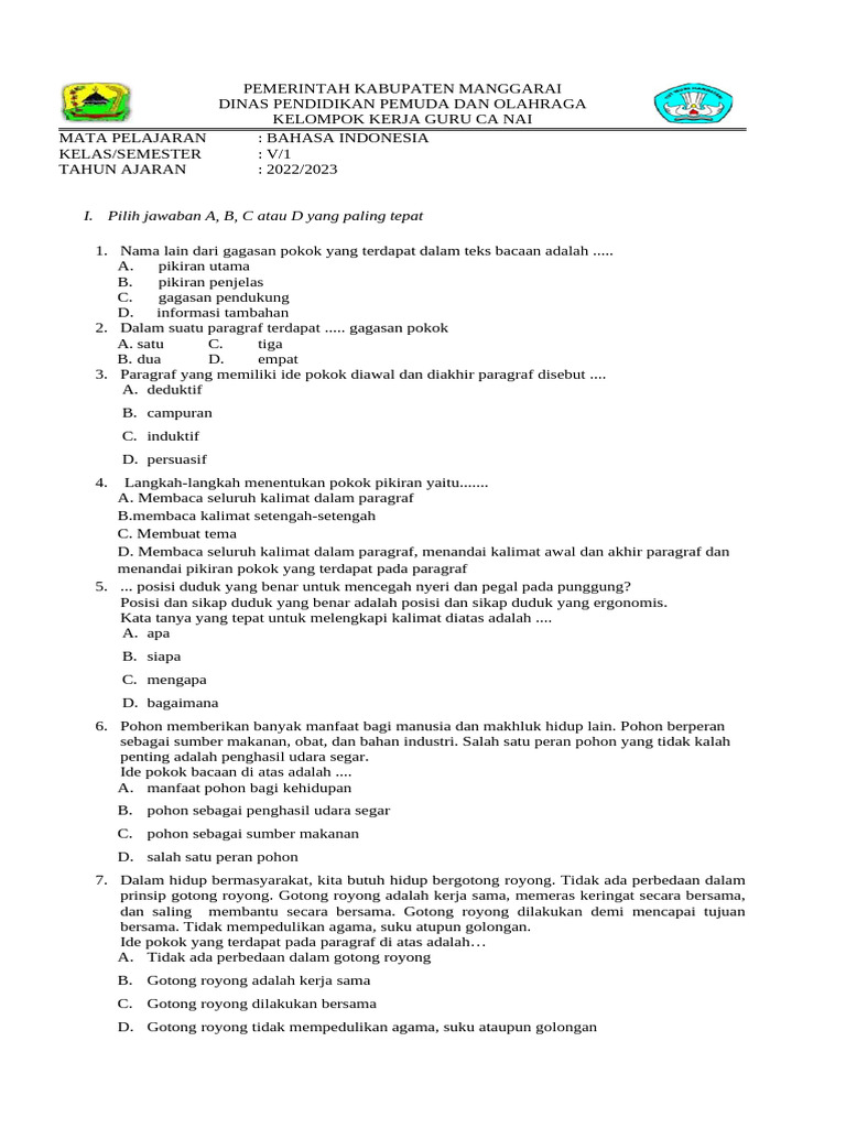 SOAL BINDO KELAS 5 | PDF