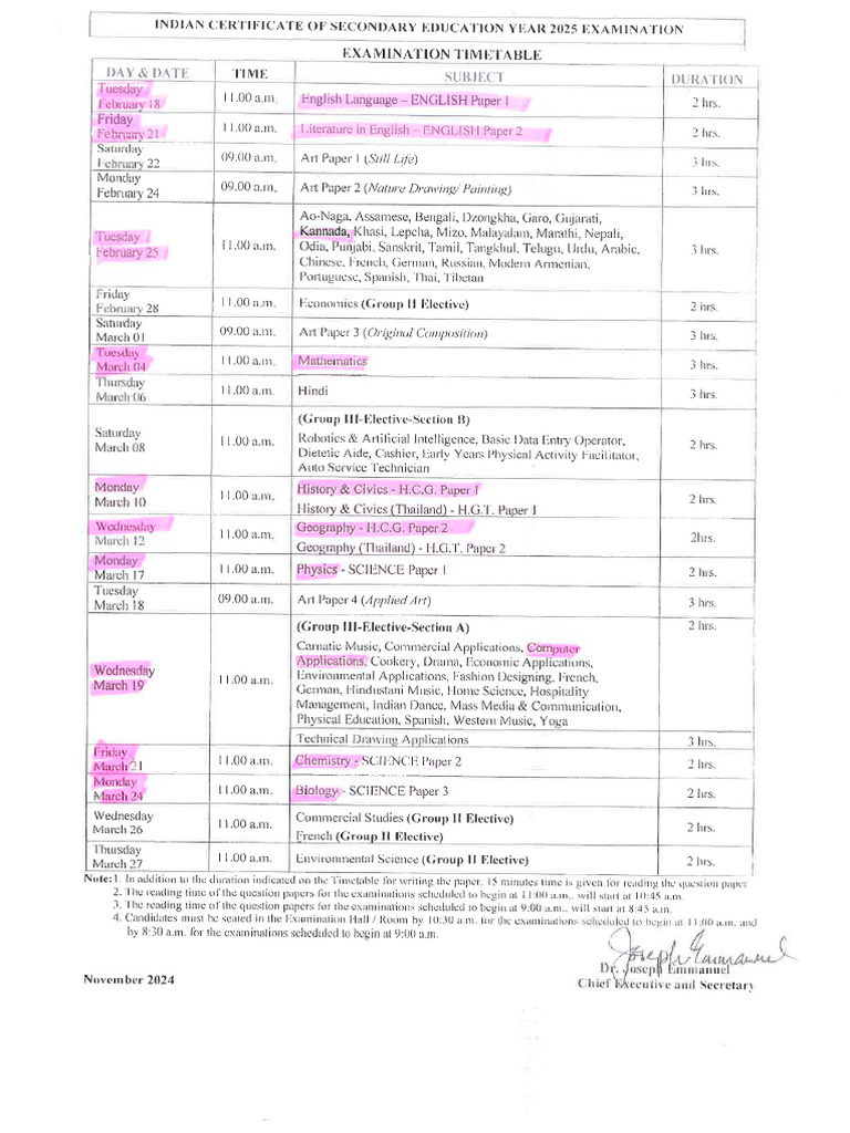 32146icse X Annual Exam Time Table - 2024-25 | PDF