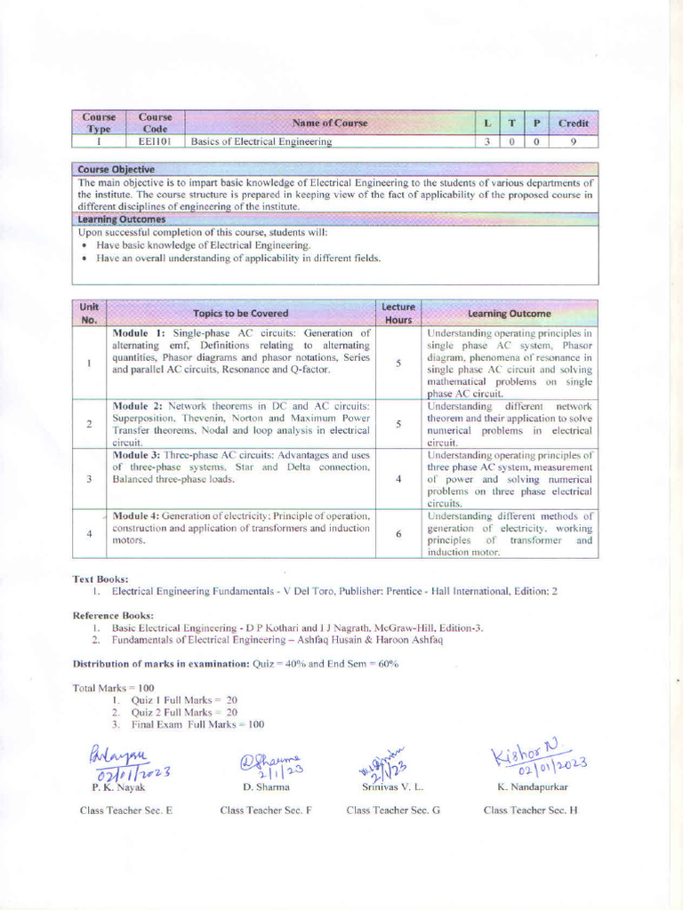 Lecture Plan EEI 101 | PDF