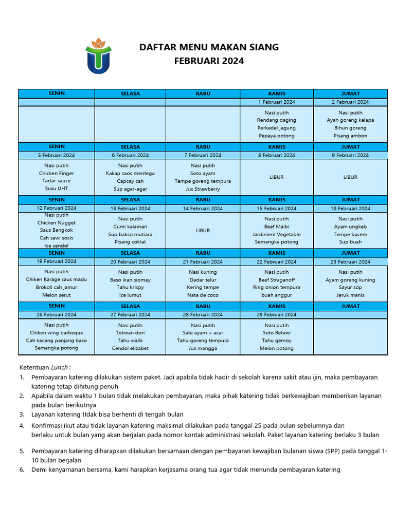 Menu Katering Februari 2024 (SD-SMA) | PDF