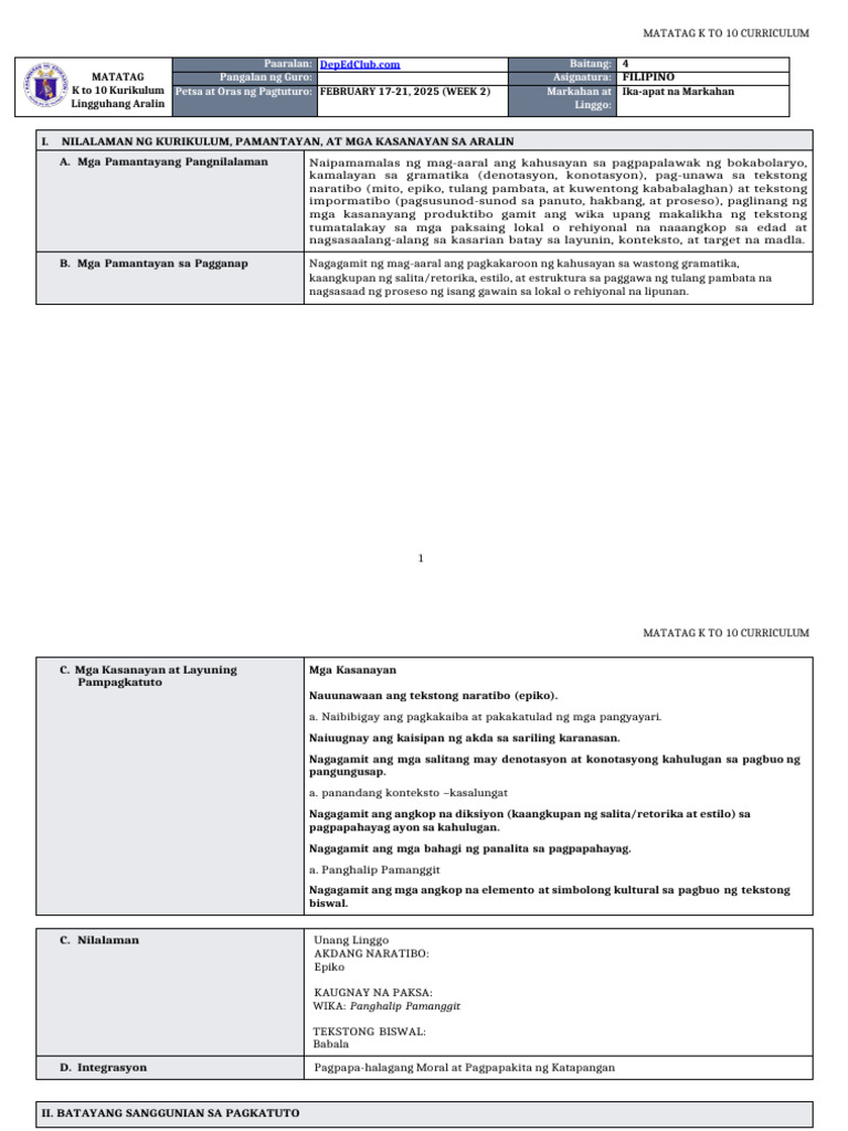 DLL Matatag - Filipino 4 Q4 W2 | PDF