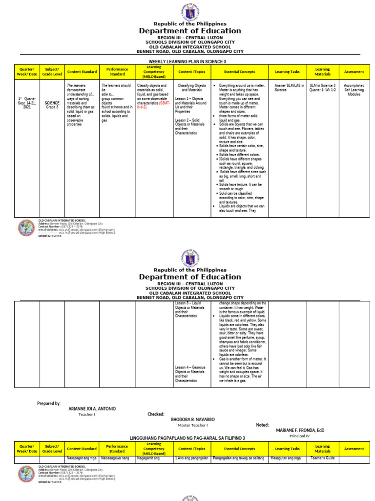 Grade 3 Weekly Learning Plans | PDF | Learning | Taste