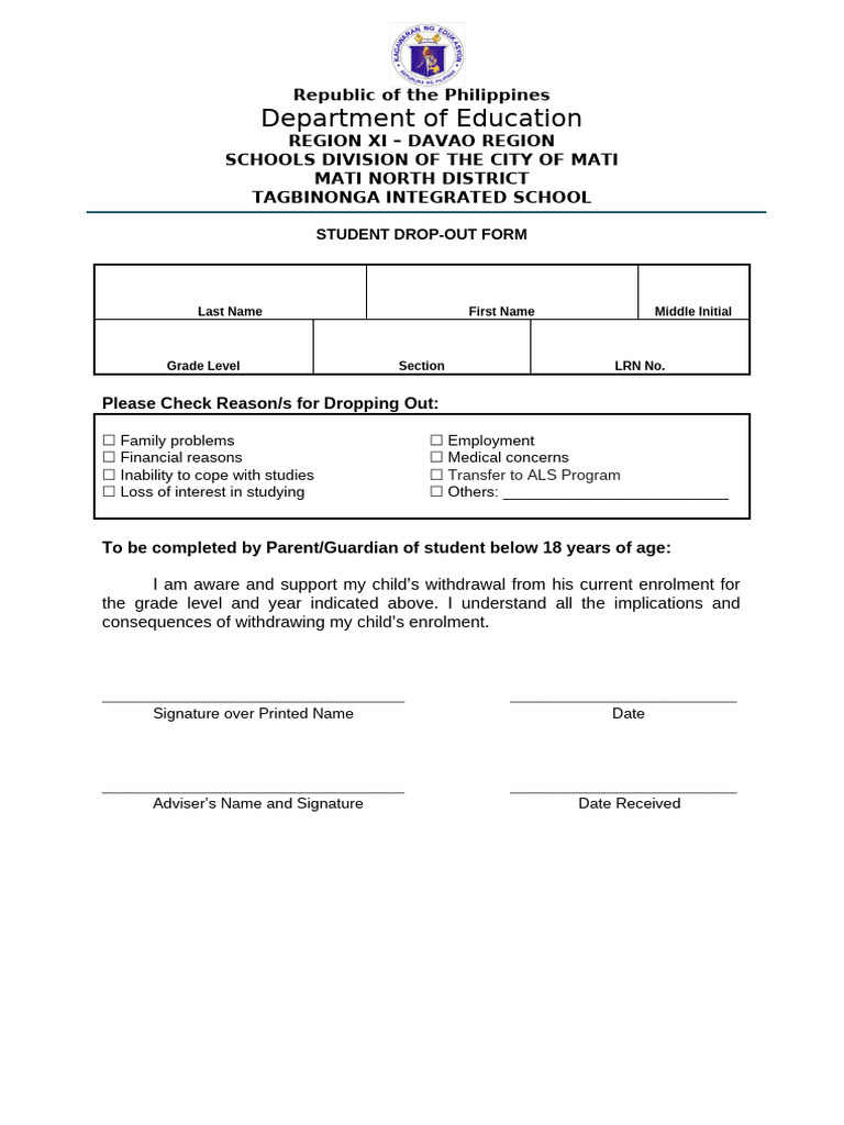 Student Drop Out Form | PDF