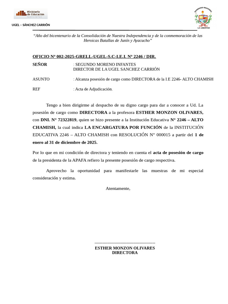 Nombran Directora I.E. 2246 Alto Chamish | PDF