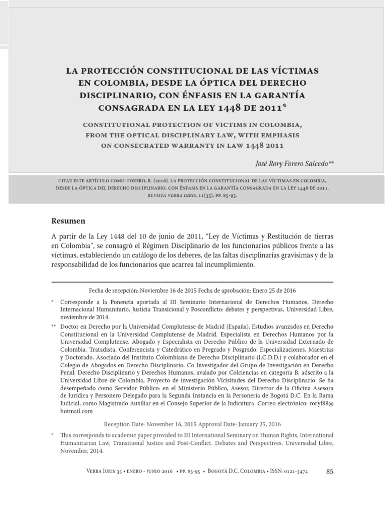 La Protección Constitucional de Las Víctimas Desde El Derecho Disciplinario José Forero | PDF ...