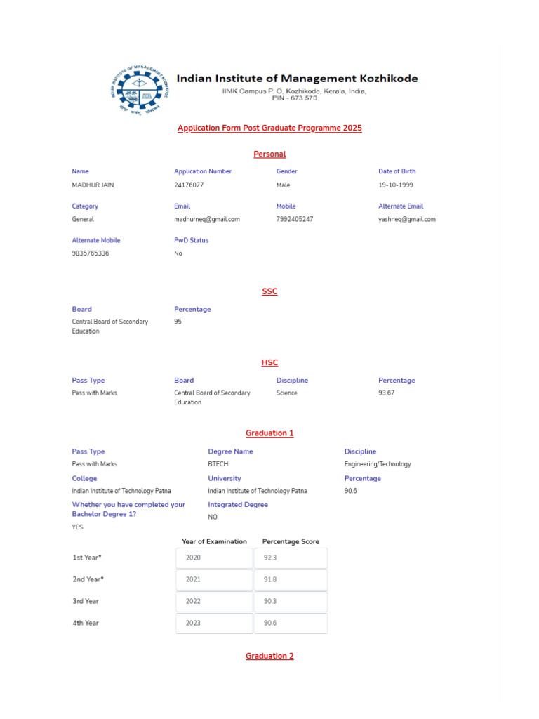 My IIMK Admission Form 2024 | PDF