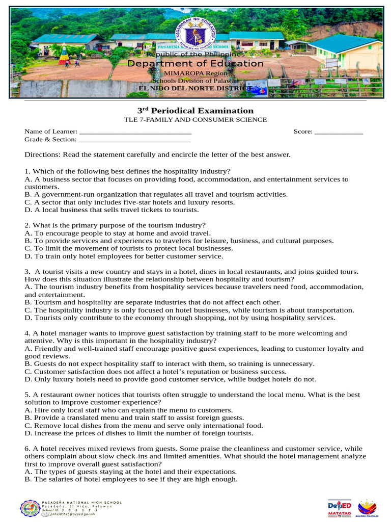 Tle 7 Family Consumer Science Exam Pdf Hotel Tourism