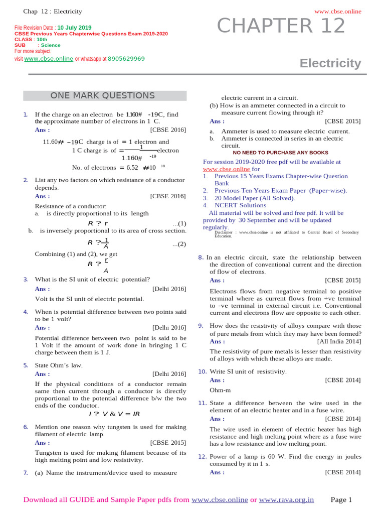 CBSE Class 10 Electricity Questions PDF | PDF | Electric Current | Voltage