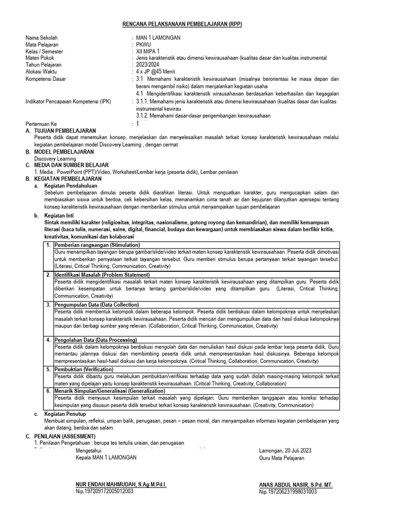 Perangkat Anas Abdul Nasir PKWU XII 2023-2024 6 HK - XLSM BUKU KERJA 1 - RPP 1 | PDF