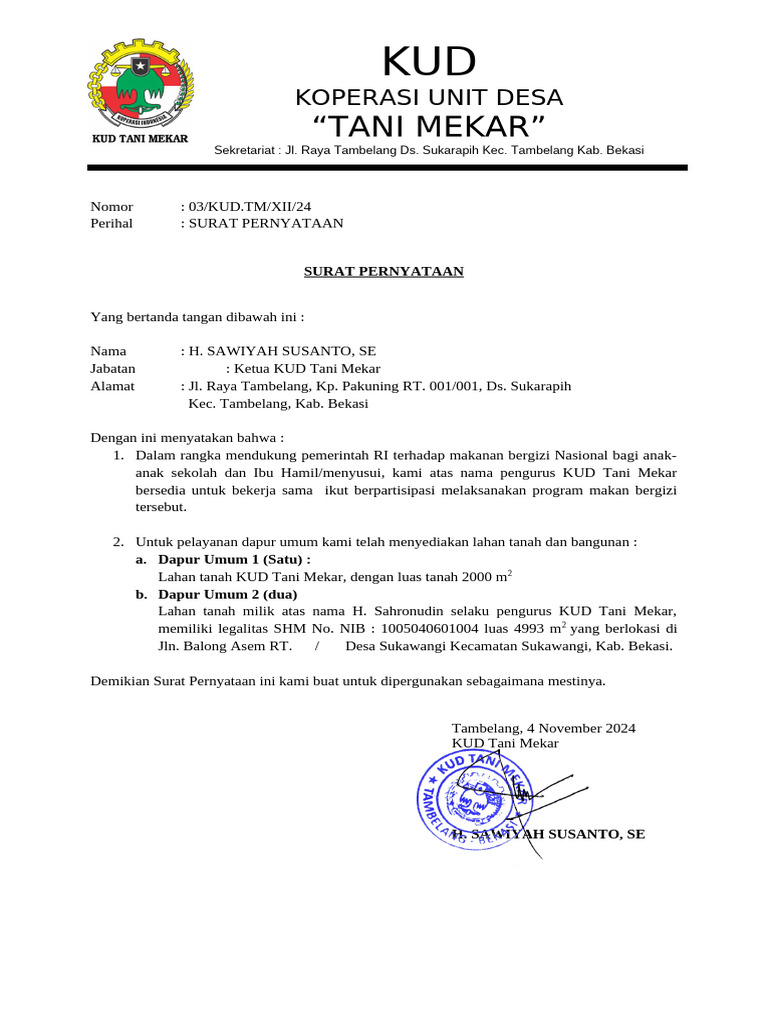 Kud Tani Mekar Surat Pernyataan | PDF