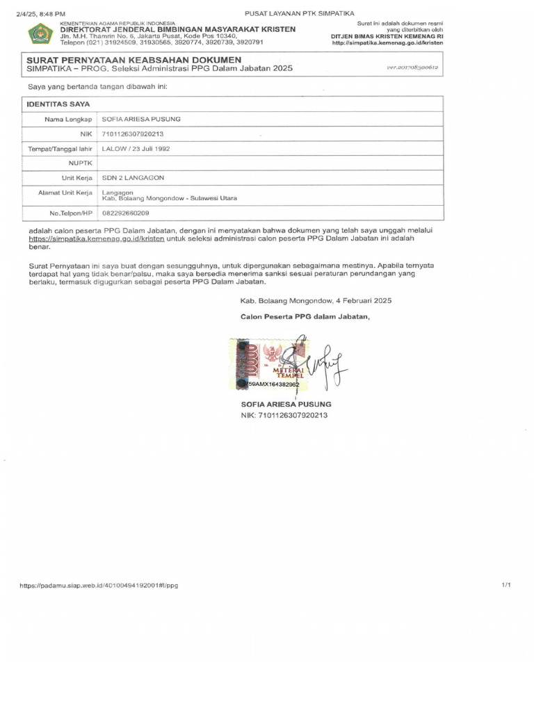 Suratpernyataankeabsahandokumen - Sofia Ariesa | PDF