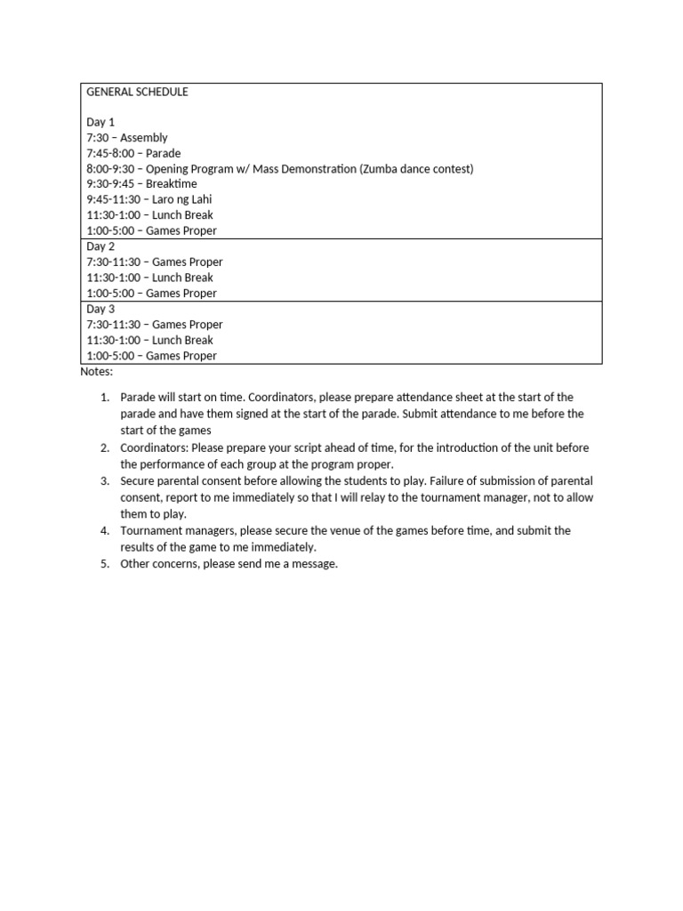 GENERAL SCHEDULE Intrams | PDF