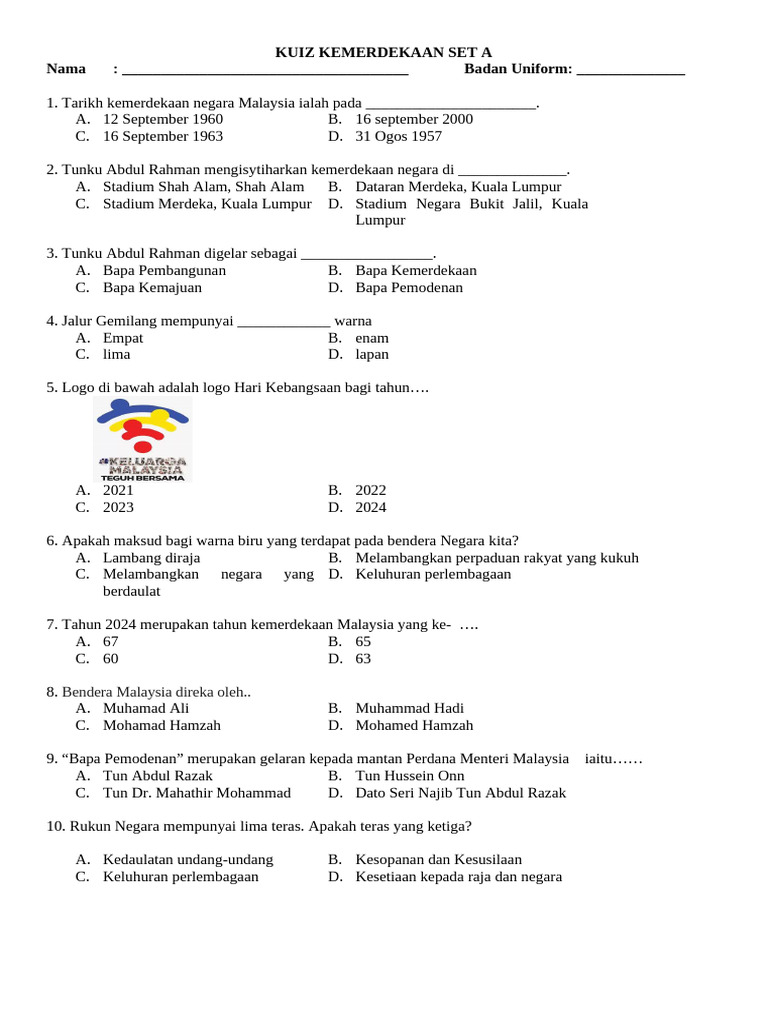 Kuiz Kemerdekaan Set A Explorace | PDF
