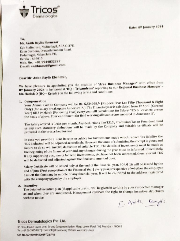 Appointment Letter Glowderma | PDF
