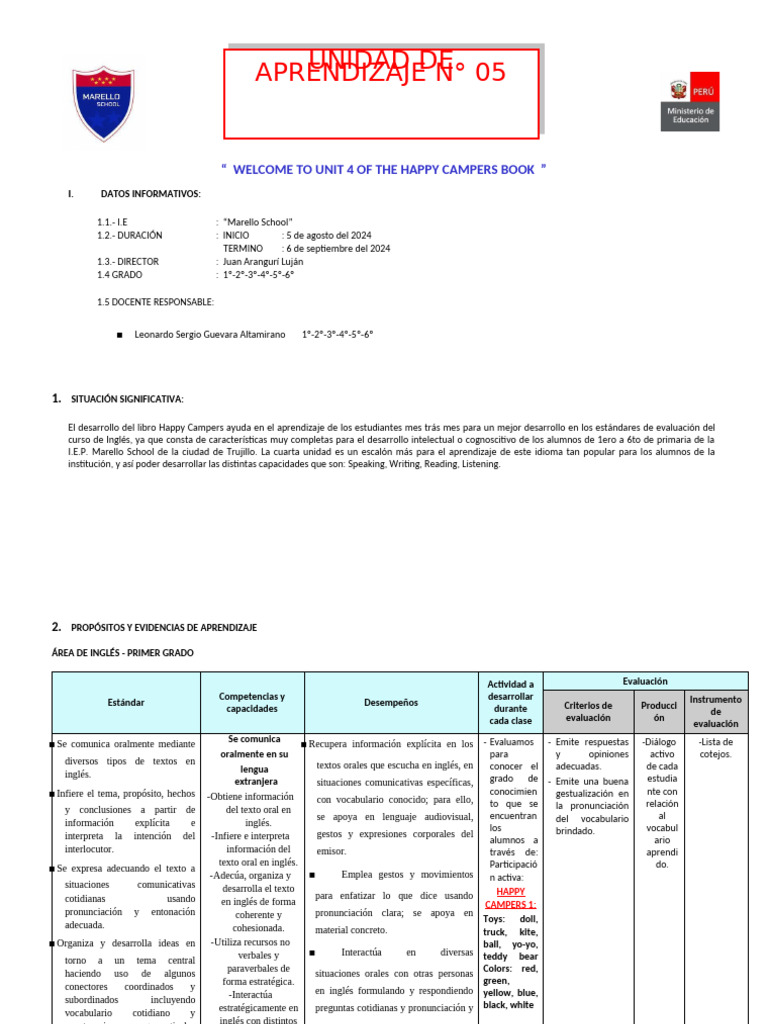 Experiencia de Aprendizaje 5 - Programación Curricular Por Unidad Marello School | PDF | Idioma ...