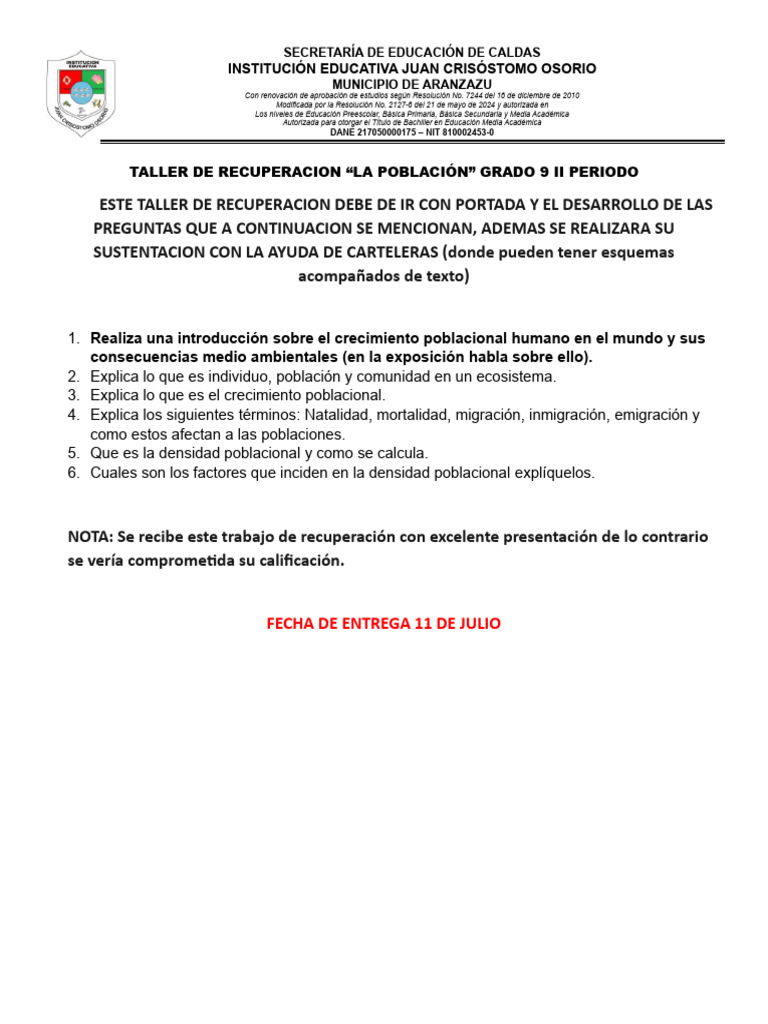 TALLER DE RECUPERACION La Poblacion | PDF