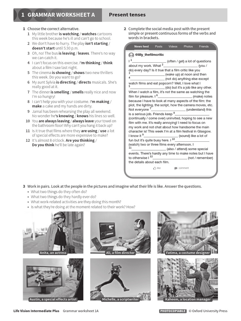Life Vision Int Plus Gram Worksheet A U1 | PDF