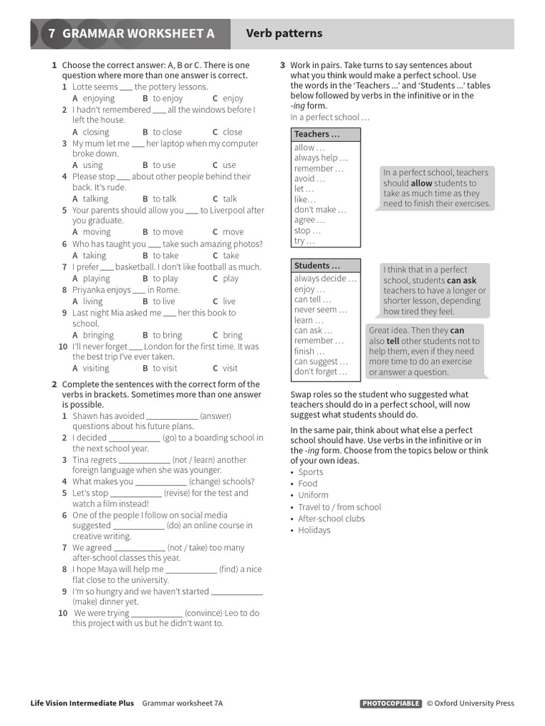 Life Vision Int Plus Gram Worksheet A U7 | PDF | Linguistic Typology | Language Mechanics