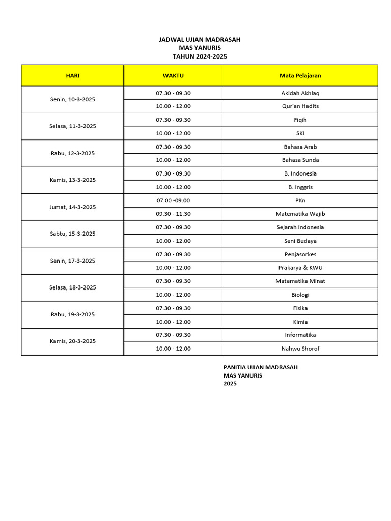Jadwal Ujian Madrasah 2025 | PDF