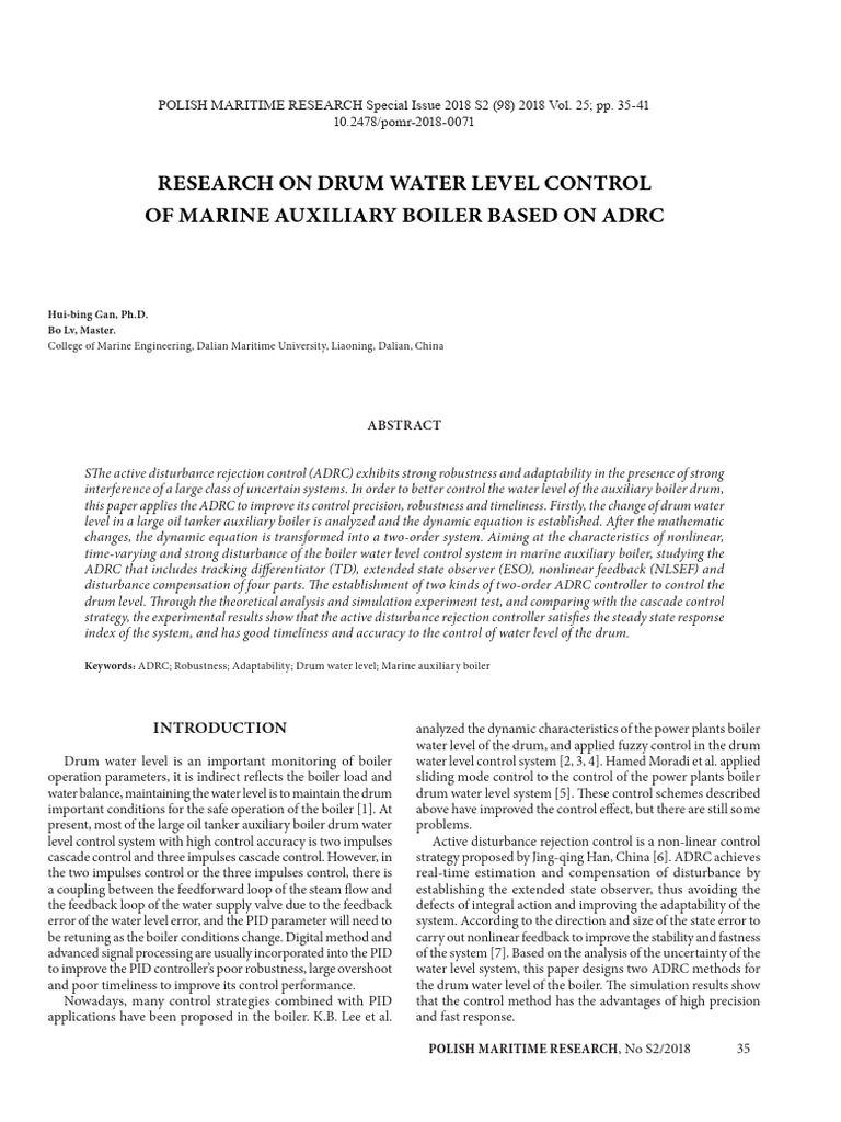Research On Drum Water Level Control of Marine Auxiliary Boiler Based On ADRC | PDF | Applied ...