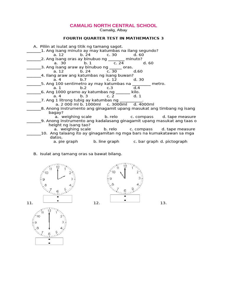4th Periodical Test in Math 3 | PDF