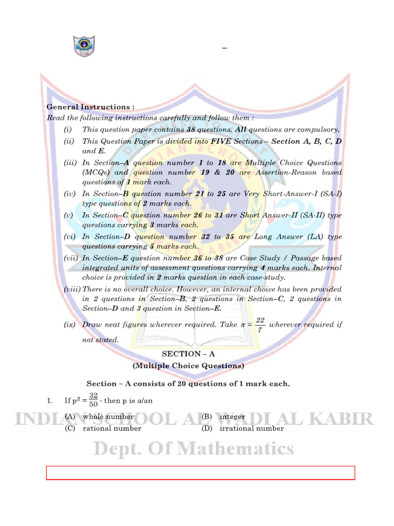 X Practice Paper 7 Math 041 QP 30-6-1 | PDF