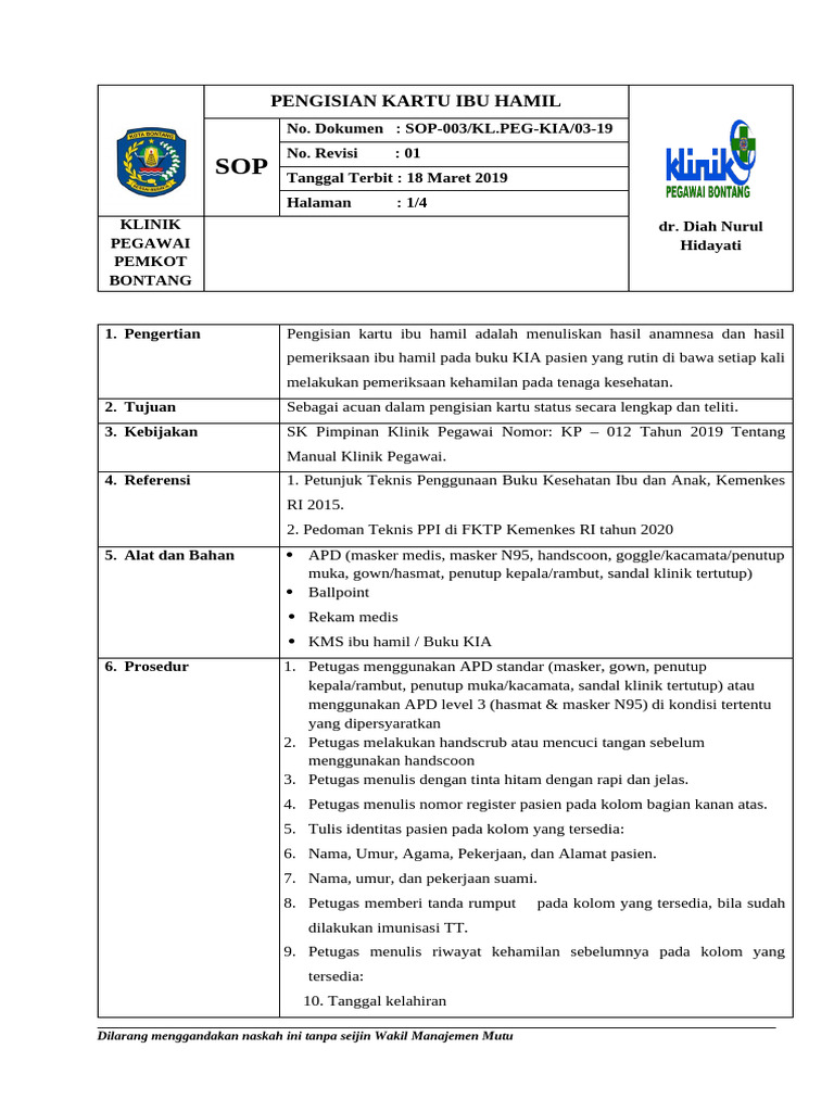 03 - Sop 003 - 2019 - Pengisian Kartu Ibu Hamil - Rev 01 | PDF