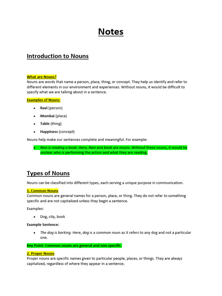 Notes - Nouns and Types of Nouns (Common, Proper, Countable ...