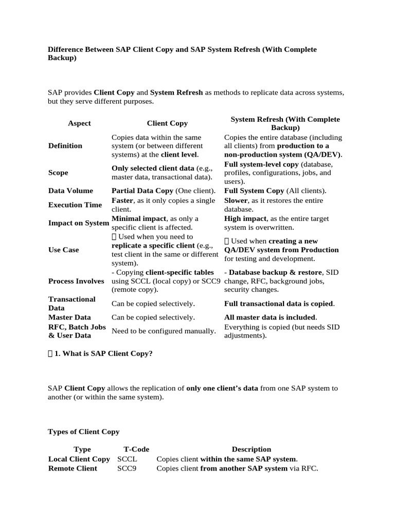 Difference Between SAP Client Copy and SAP System Refresh | PDF | Databases | Backup