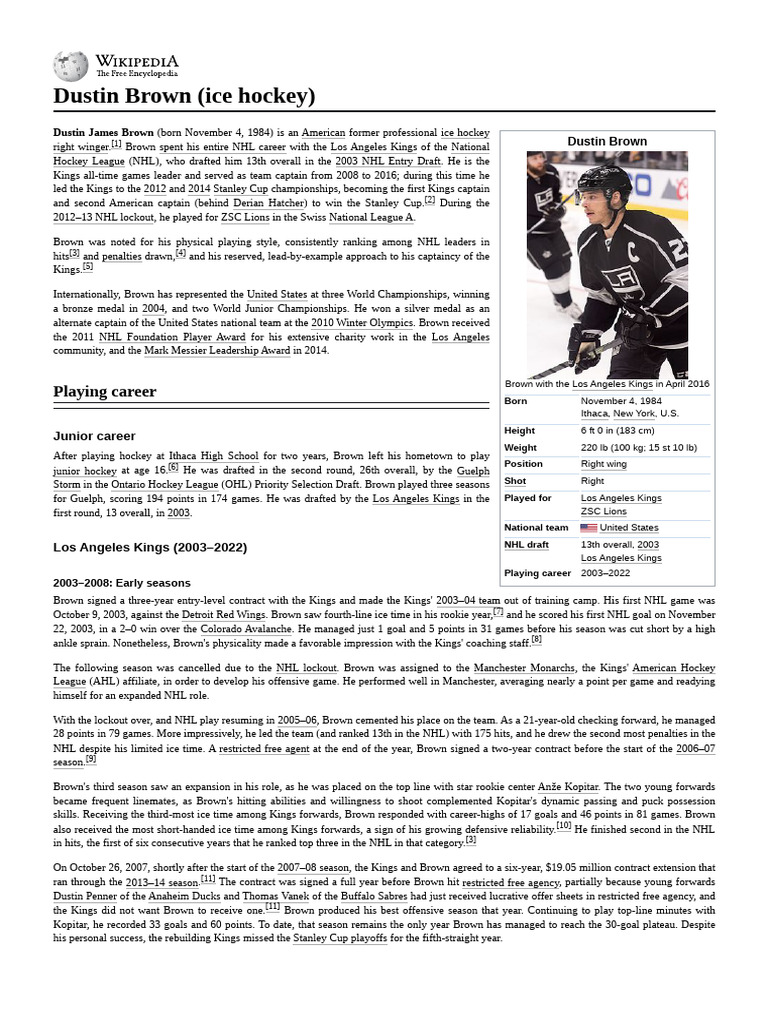 Dustin Brown (Ice Hockey) | PDF | National Hockey League | Ice Hockey